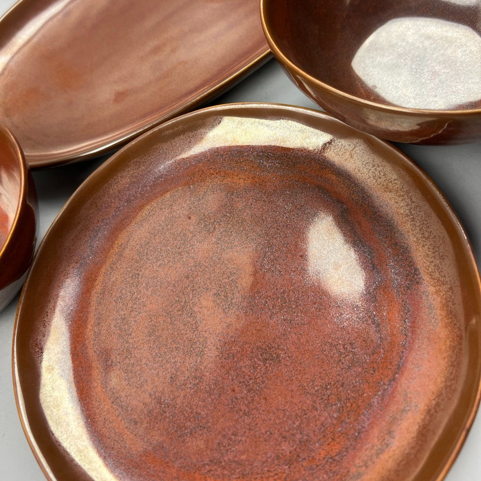 Shiny brick orange red warm color dinnerware, sushi plate, bowls, etc.